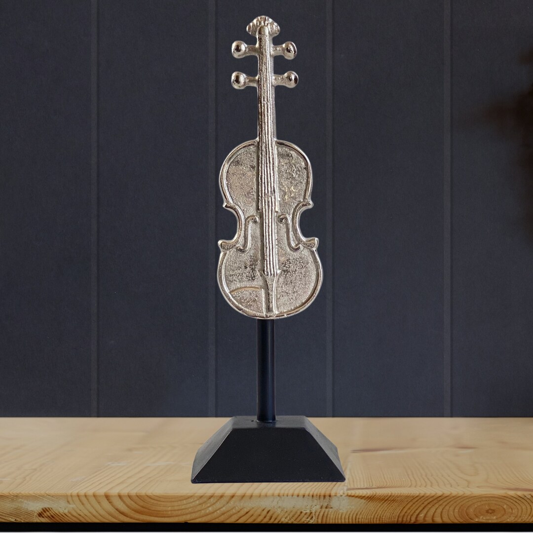 Rustic Silver Violin Figurine: Metal Musical Sculpture, Bookshelf Decor ...