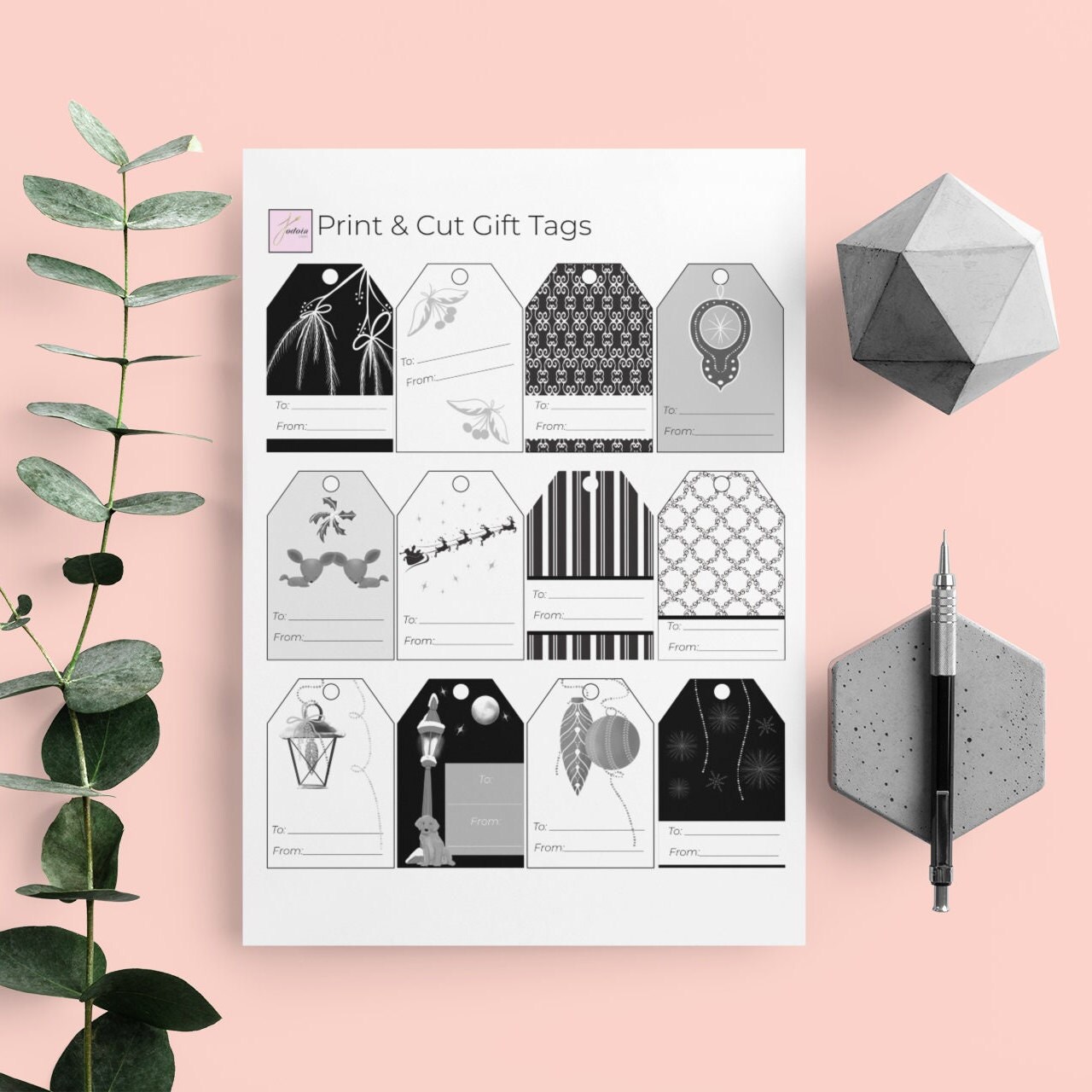 Black & White Printable Christmas Tags - Digital Gift Tags Set ...