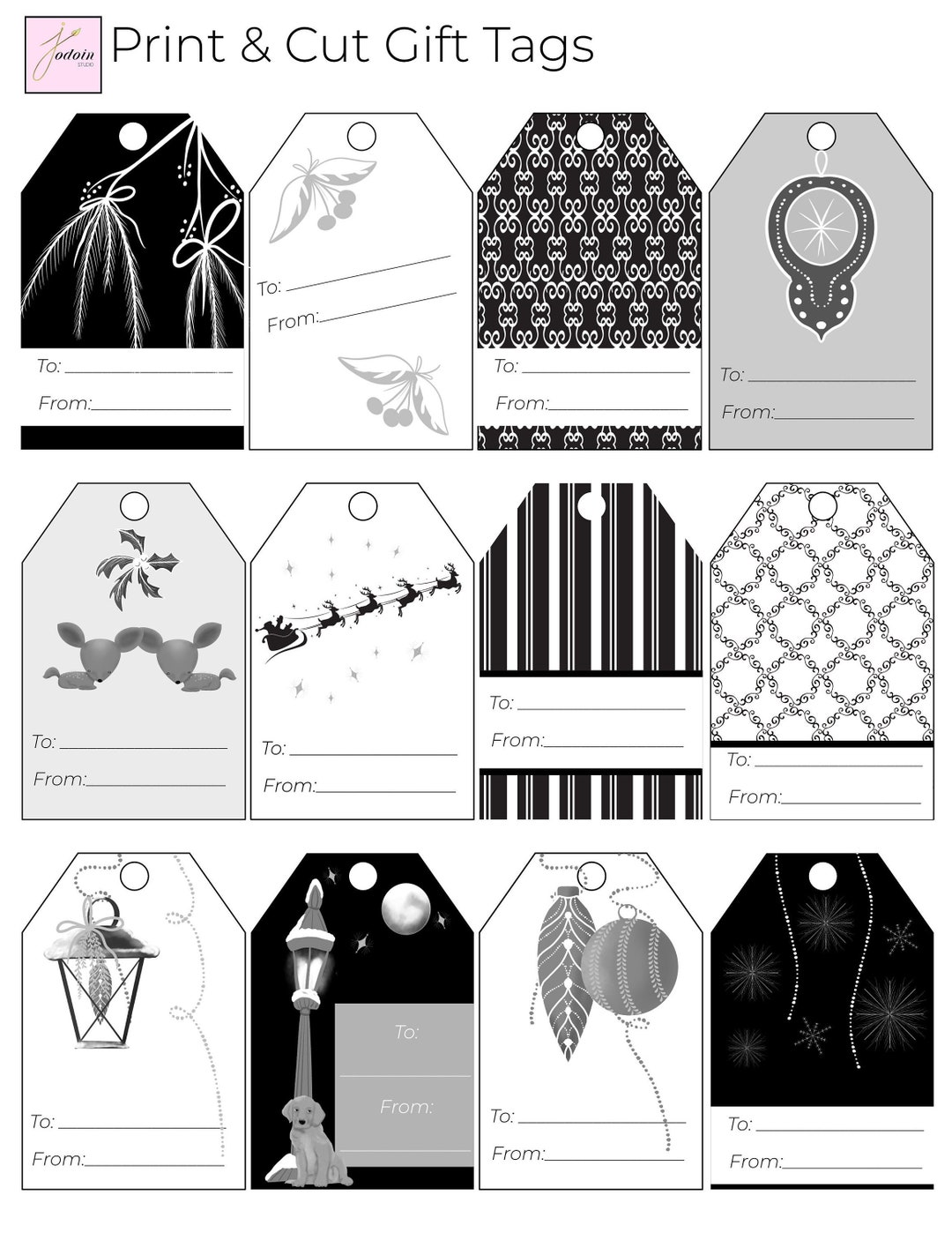 Black & White Printable Christmas Tags - Digital Gift Tags Set ...