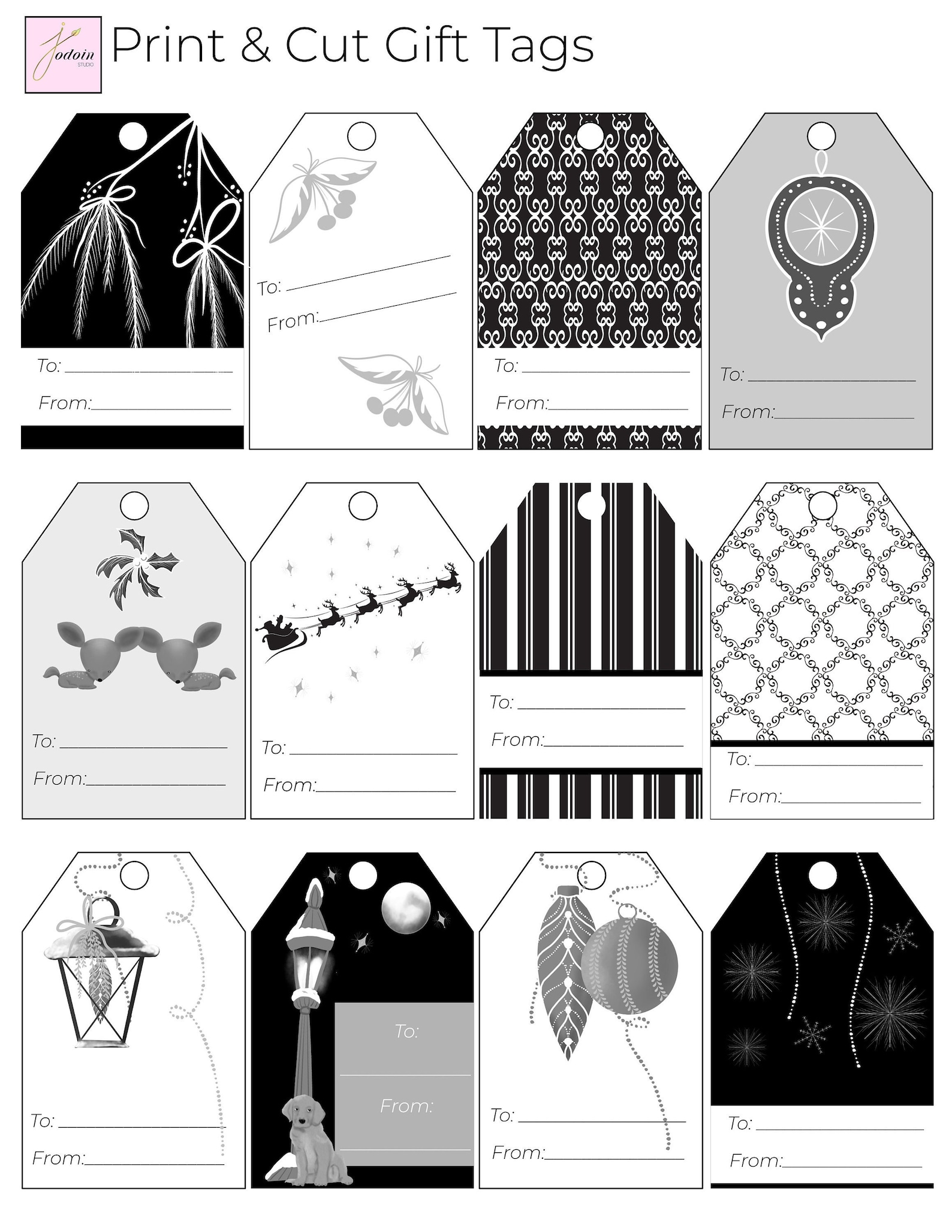 Black & White Printable Christmas Tags - Digital Gift Tags Set ...
