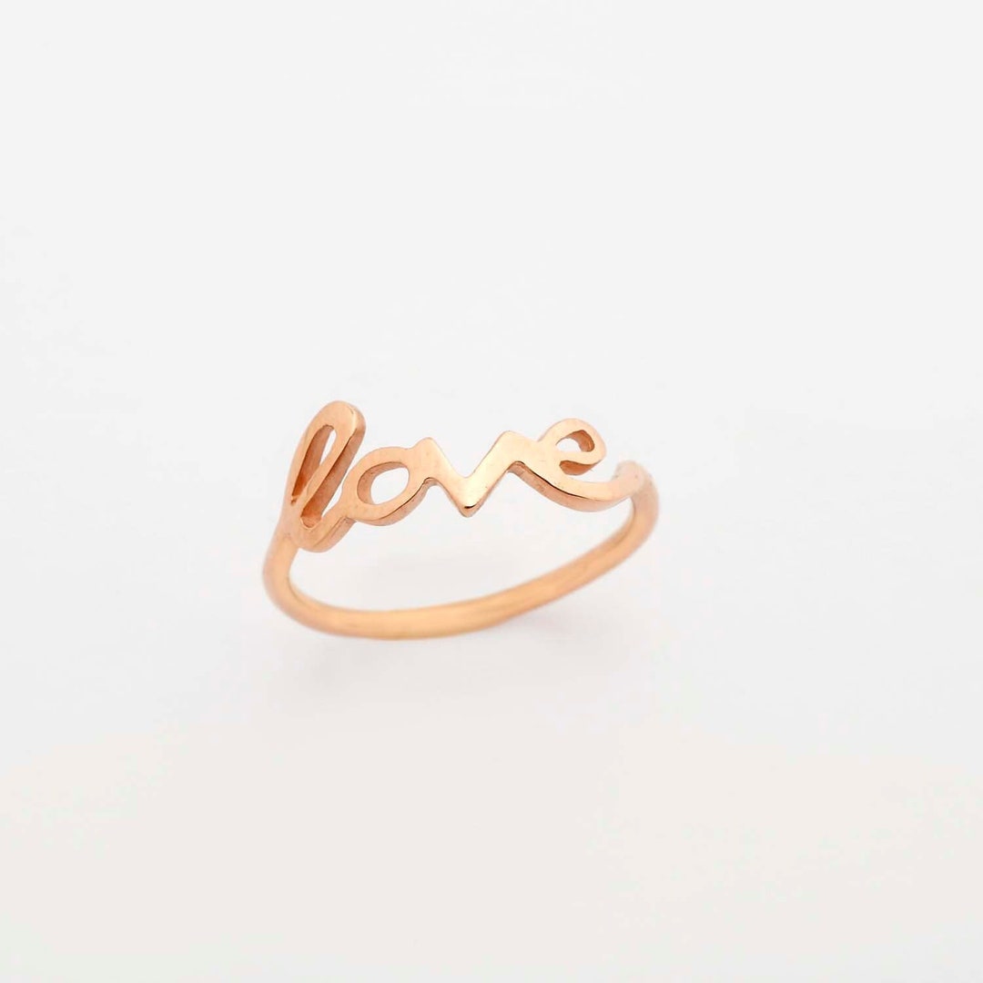 9K Solid Gold Love Script Ring: Dainty Promise Ring - Etsy