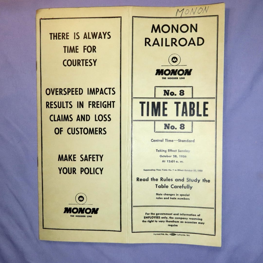 Monon Railroad the Hoosier Line Oct 28 1956 Time Table # 8 Vintage ...