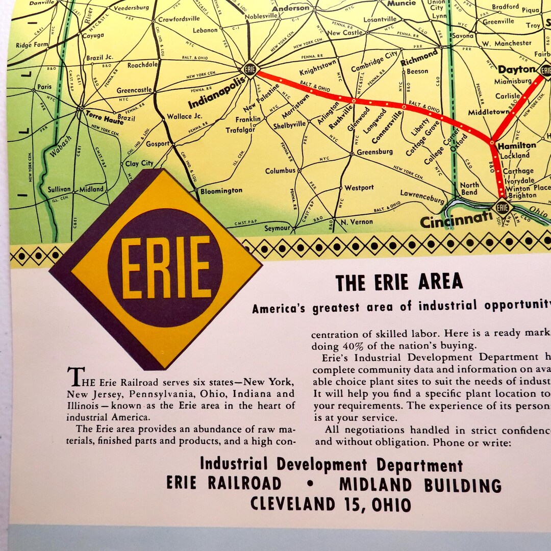 Erie Railroad Map Vintage 1953 50s Railway Line Collectibles Train Rail ...