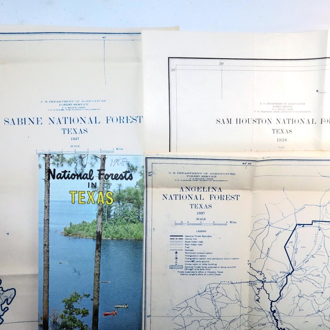 Texas Sabine Angelina Sam Houston National Forest Map State Vintage Map ...