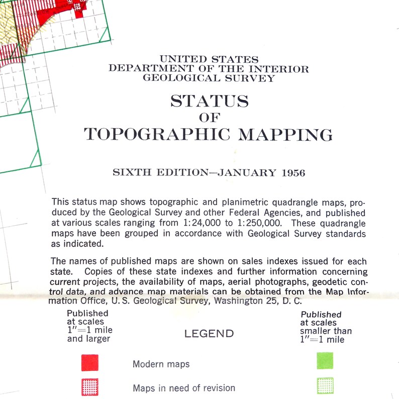 1956 United States Map Status of Topographic Mapping January Vintage ...