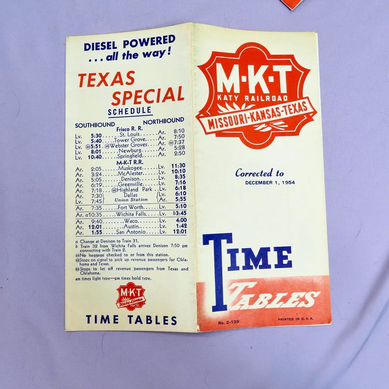 Vintage the Katy Railroad Time Table Missouri Kansas Texas Lines 1950s ...