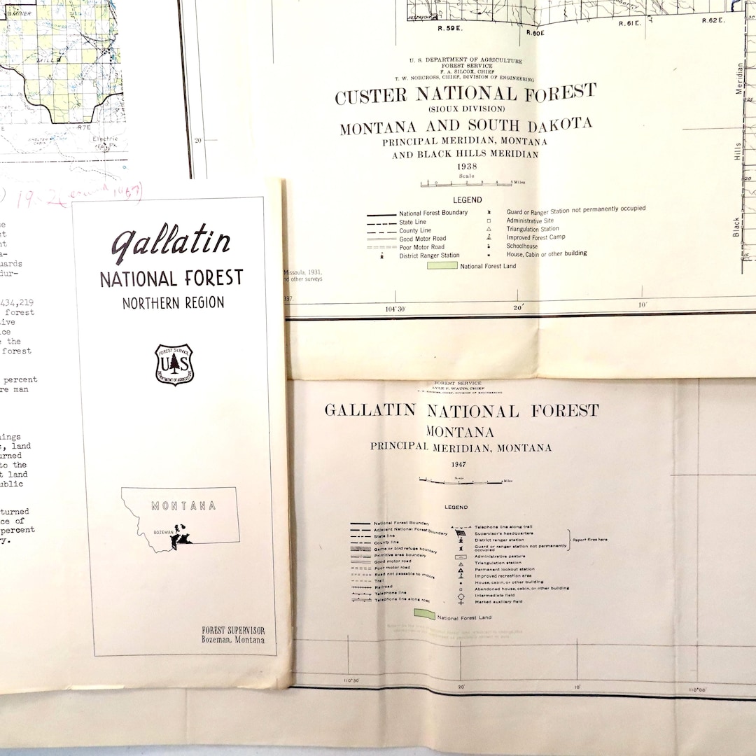 Montana Custer Gallatin National Forest Map State Vintage Map 40s 60s ...