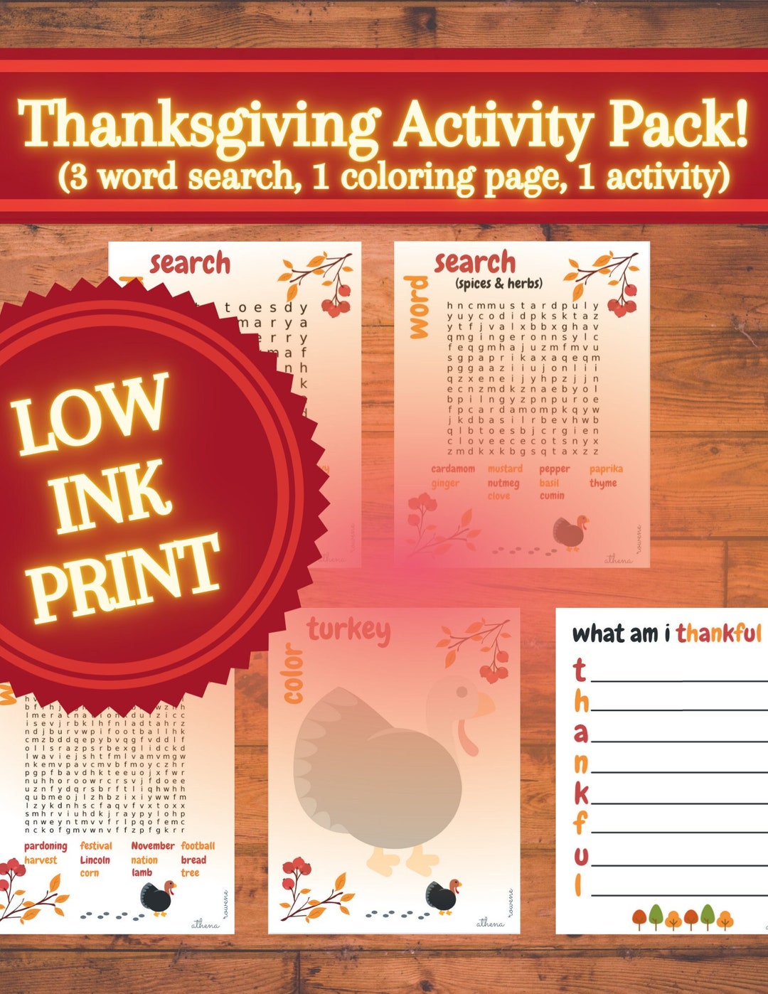 LOW INK Thanksgiving Activity Pack Printable (3 Word Search, 1 Coloring ...
