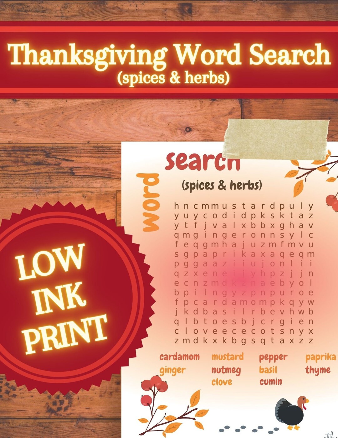 LOW INK Thanksgiving Word Search Printable Level 2 Spices Etsy LOW INK Thanksgiving Word Search Printable Level 2 Spices Etsy