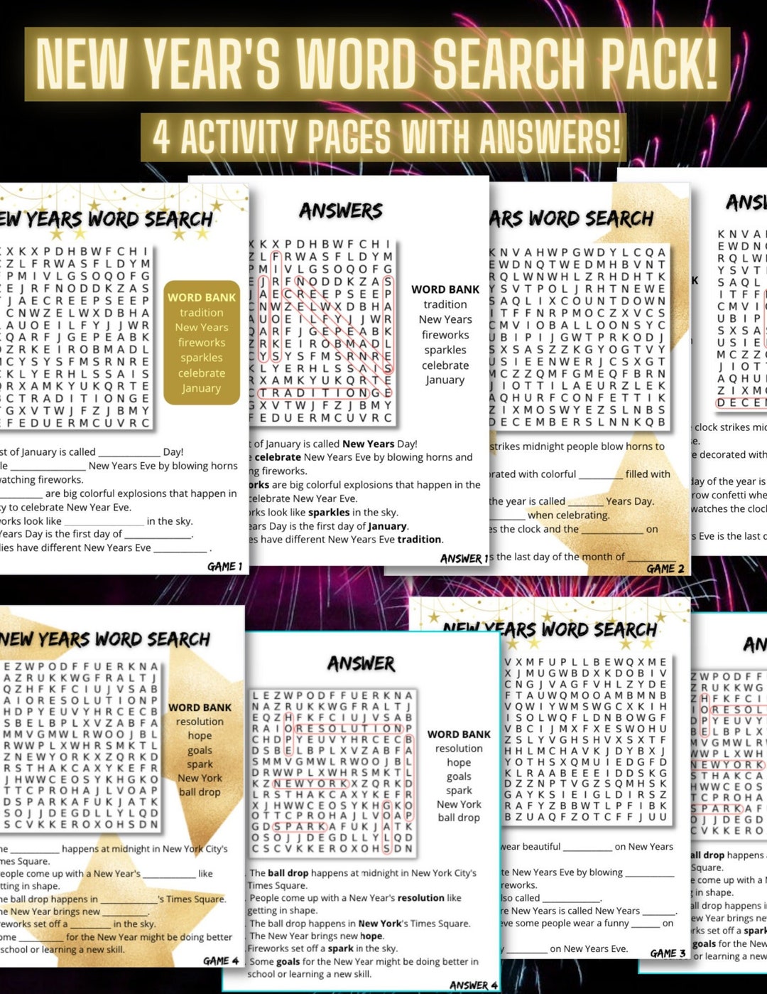New Year's Eve Word Search Printables -- Pack of 4 (with Answer Keys ...