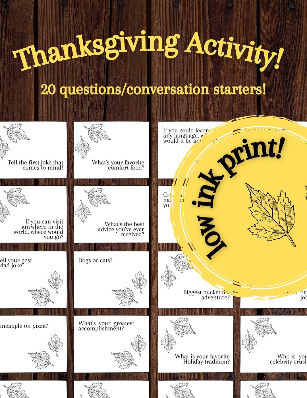 LOW INK Thanksgiving Activity Printable (20 Questions/conversation ...