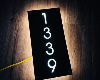 Custom Illuminated LED House Sign Modern , LED House Number, Vertical ...