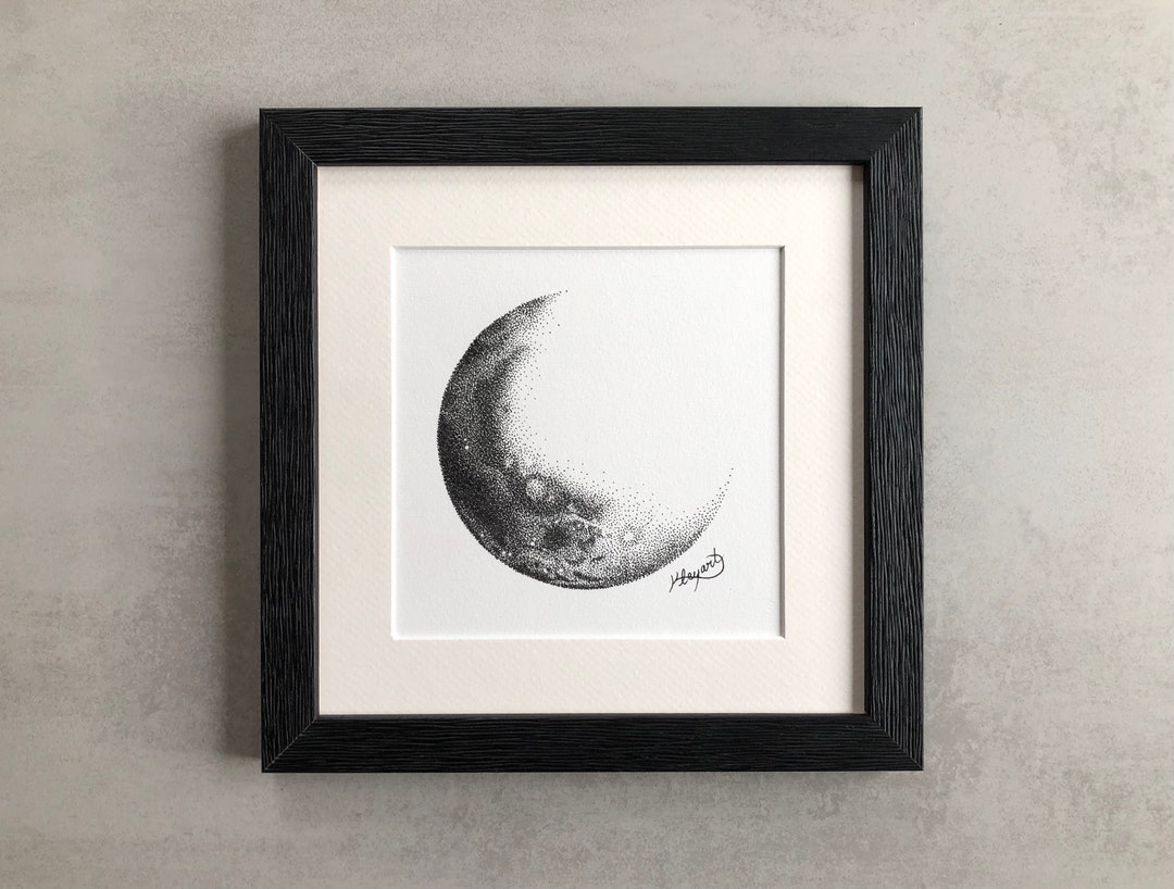 Crescent Moon • Black and White Moon Illustration, Handmade Pointillism ...