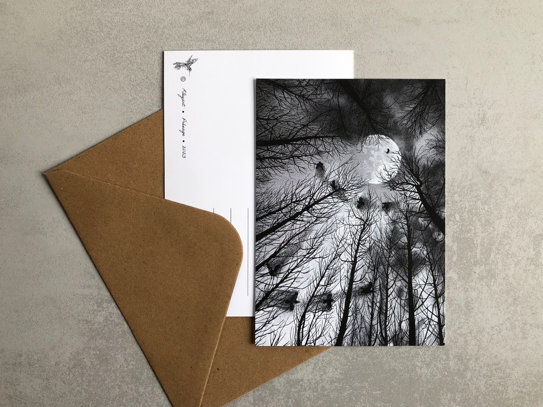 Omen Illustrated Forest Postcard, A6 Illustration Dark Forest and Crows ...