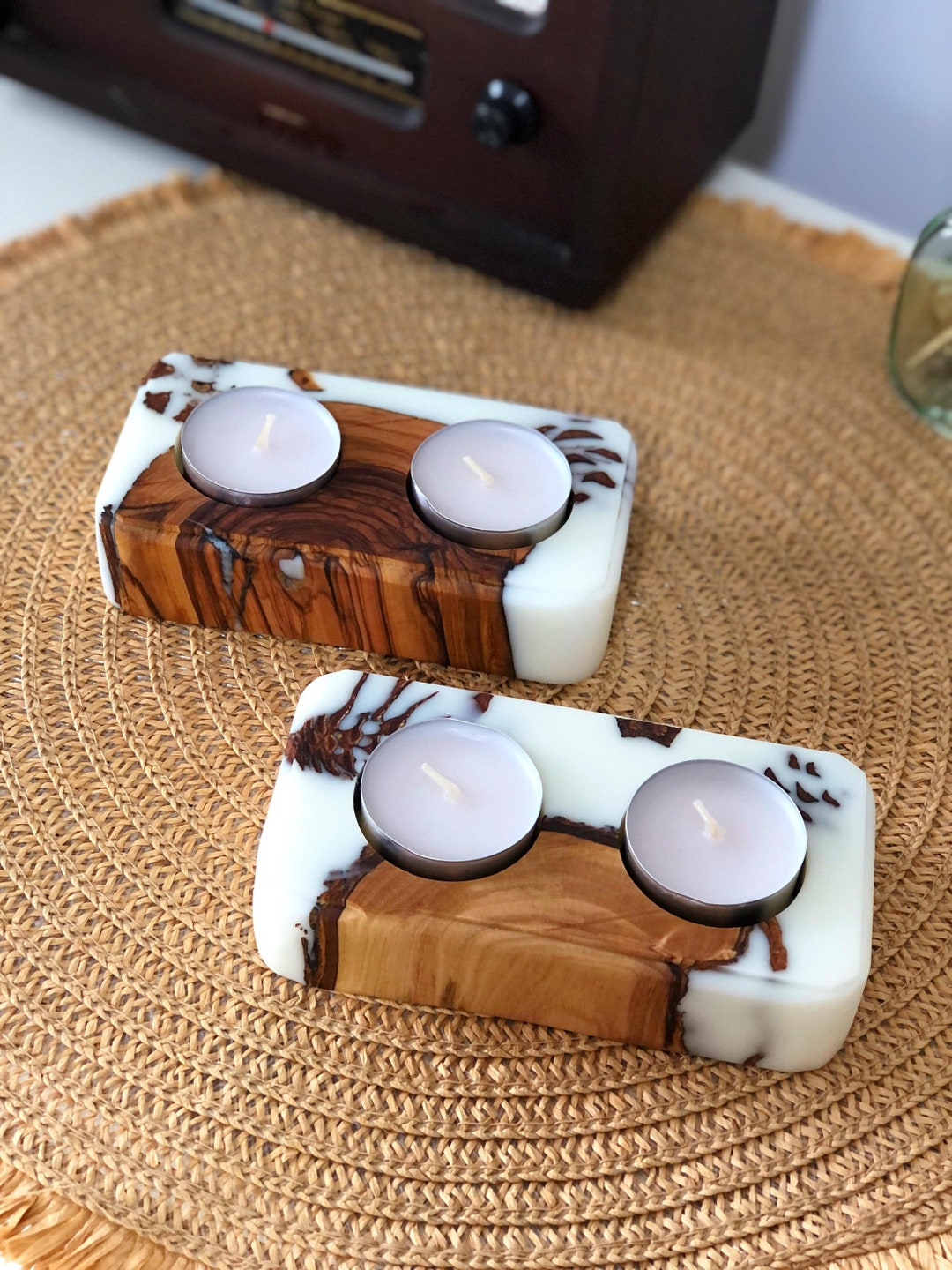 Handmade Olive Wood & Resin Candle Holders, Unique Olive Wood and Resin ...