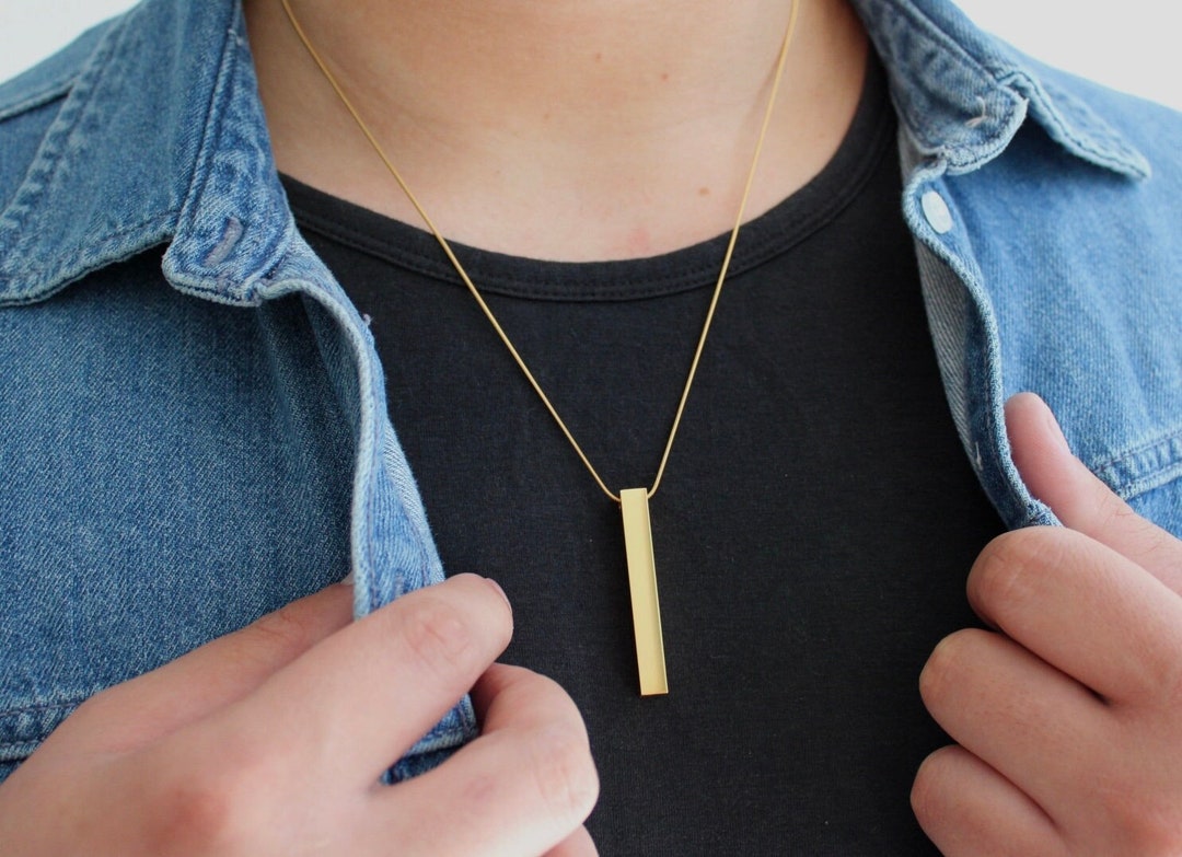 18K Gold Mens Bar Necklace, Men's Gold Bar Pendant Necklace, WATERPROOF ...