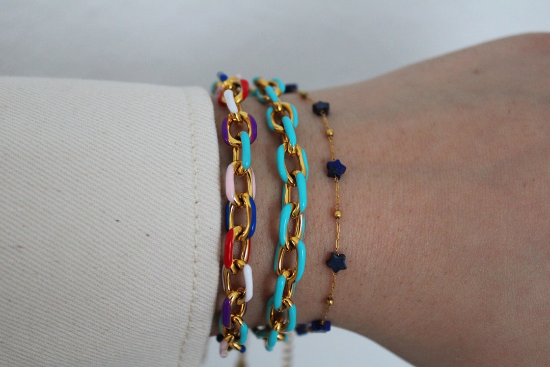 Gold Chunky Link Chain Bracelet . Enamel Colorful Link Chain - Etsy