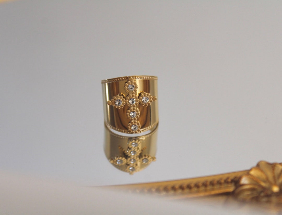 Gold Pave Cross Ring, WATERPROOF Ring, Gold Stackable Band Ring, Cross ...