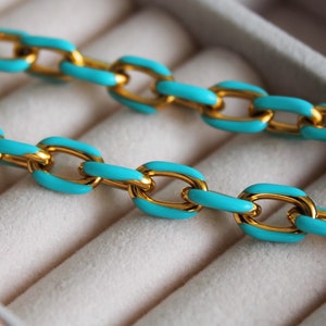 Turquoise Color Chunky Link Chain Bracelet . Enamel Colorful Link Chain ...