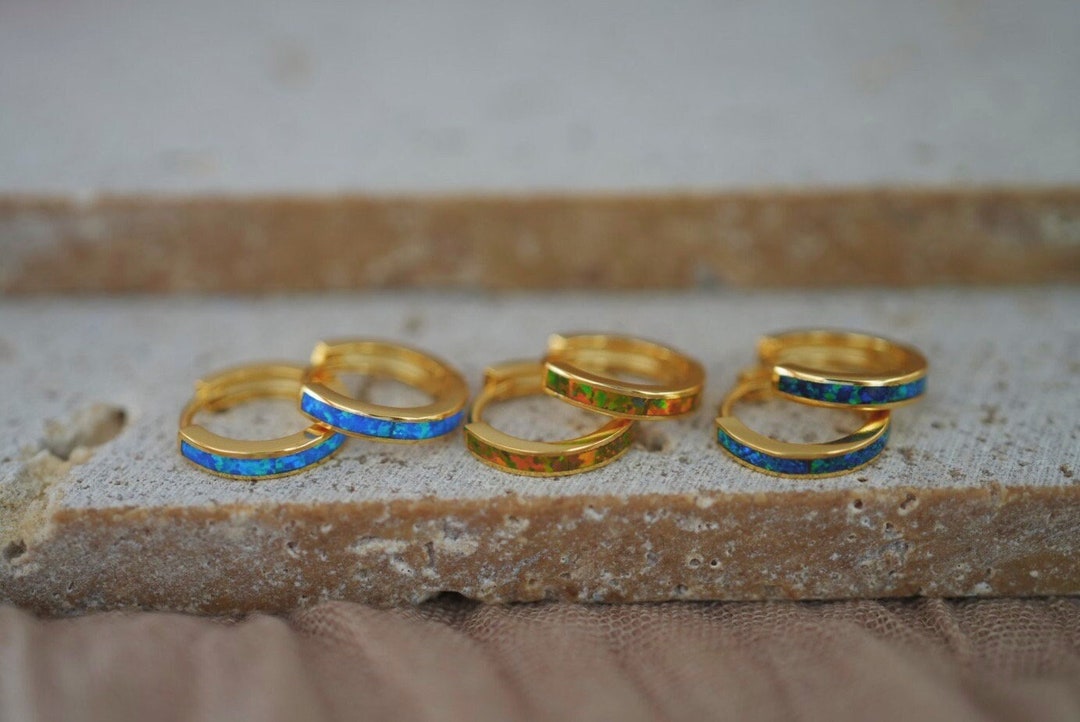 Dainty Fire Opal Huggie Hoops . Opal Inlay Hoop Earrings . Minimalist ...