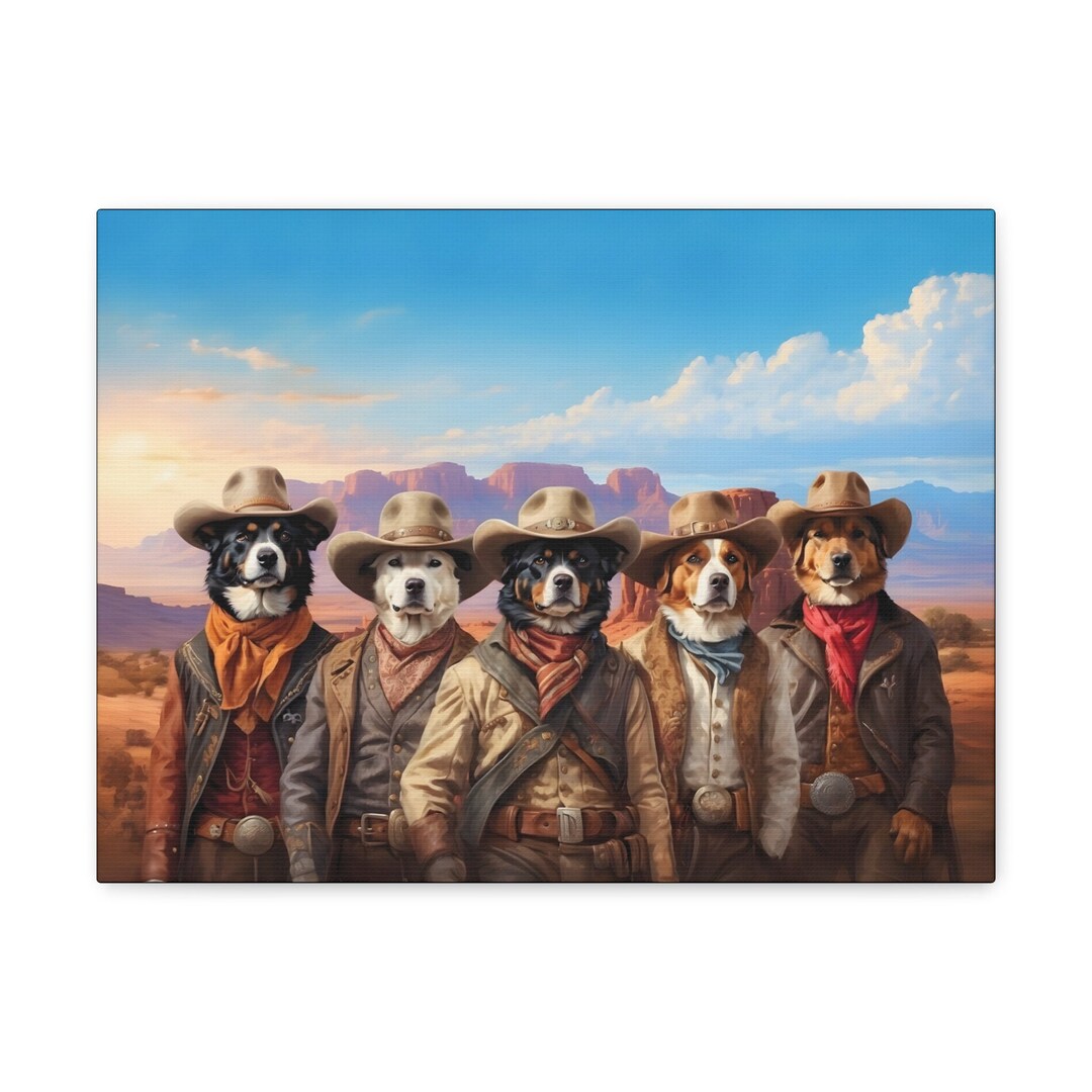 Custom 5 Pets Portrait, Cowboy Pet Portrait, Western Decor, 5 Dogs ...