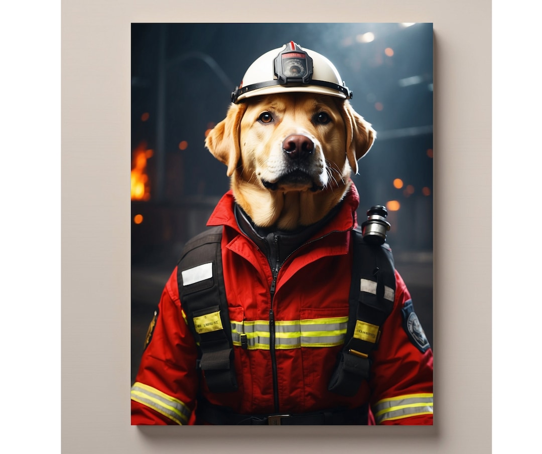 Custom Fireman Dog Portrait, Portrait With Pet Photo, Cat With Fireman ...