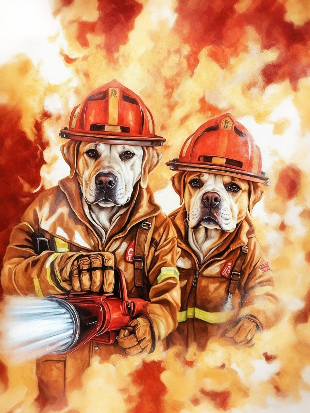 Custom Firefighters 2 Pets Portrait Personalized Canva With 2 - Etsy