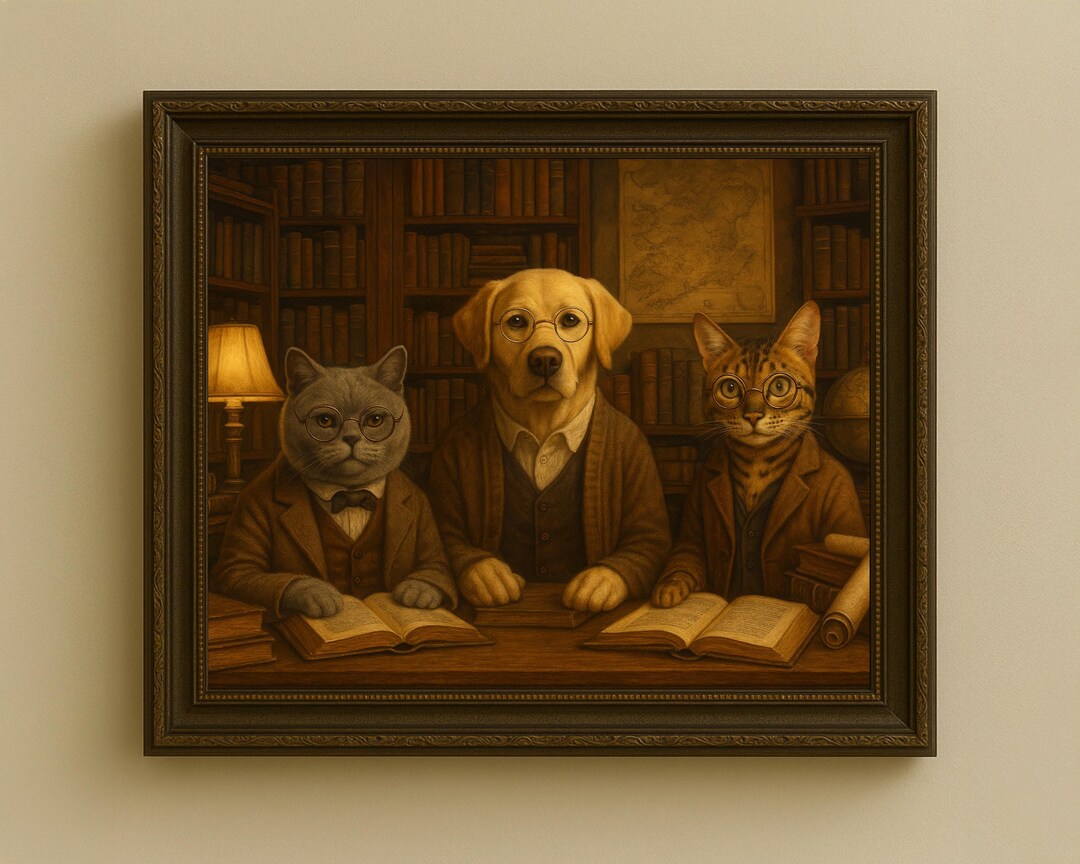 Vintage Library Pet Portrait – Smart Dog & Cat Scholars Wall Art ...