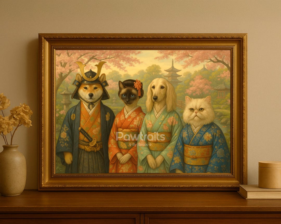 Custom Japanese 4 Pets Portrait – Custom Dog & Cat Painting, Sakura ...