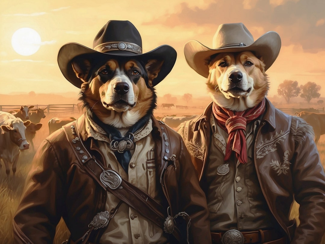 Custom 2 Pets Portrait, Cowboy Dog Portrait, Cowboy Cat Painting, Funny ...