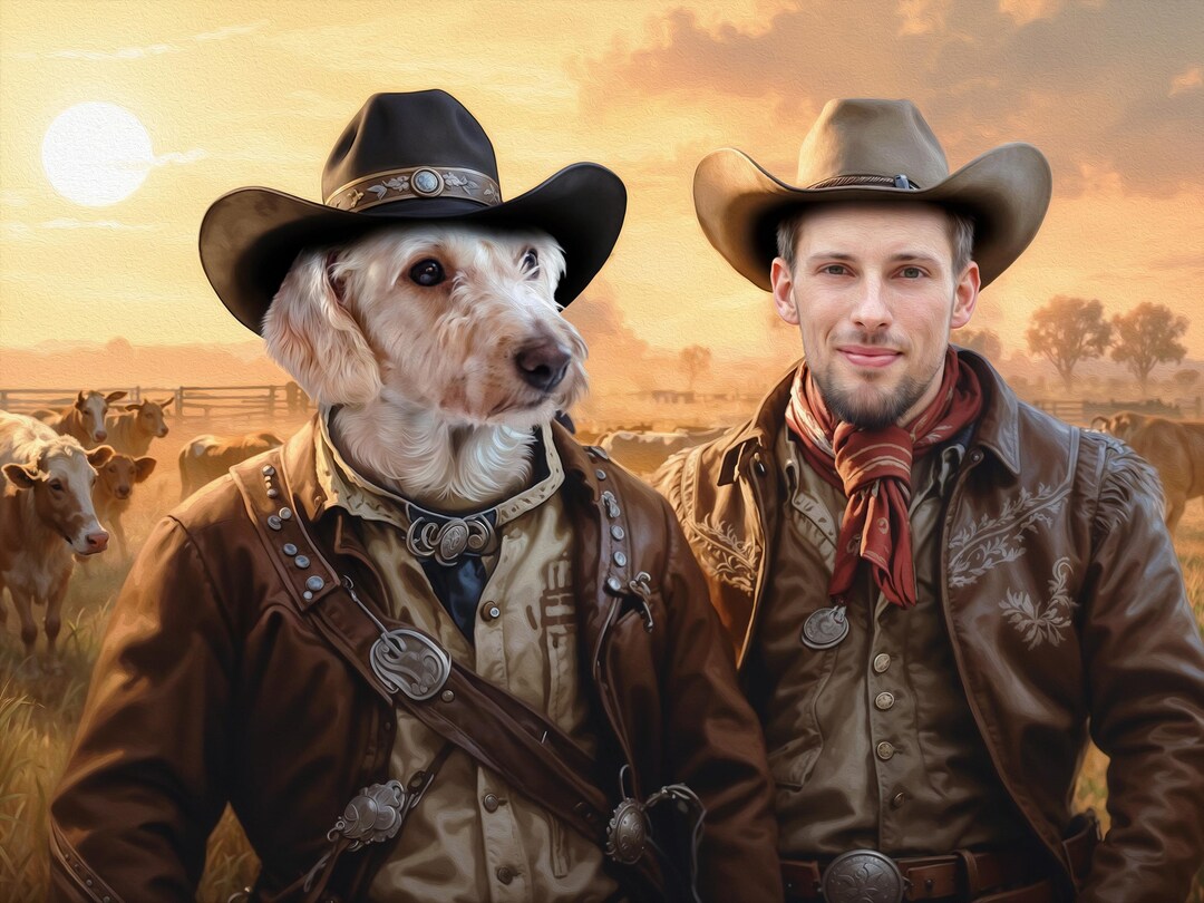 Cowboy Pet Portrait, Human and Pet Custom Portrait, Birthday Gift Idea ...