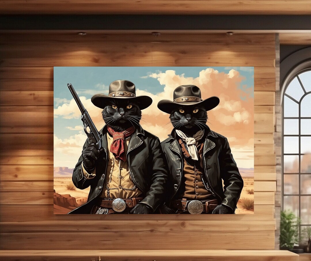 Custom 2 Pets Portrait, Cowboy Pet Portrait, Cowboy Cat Painting ...