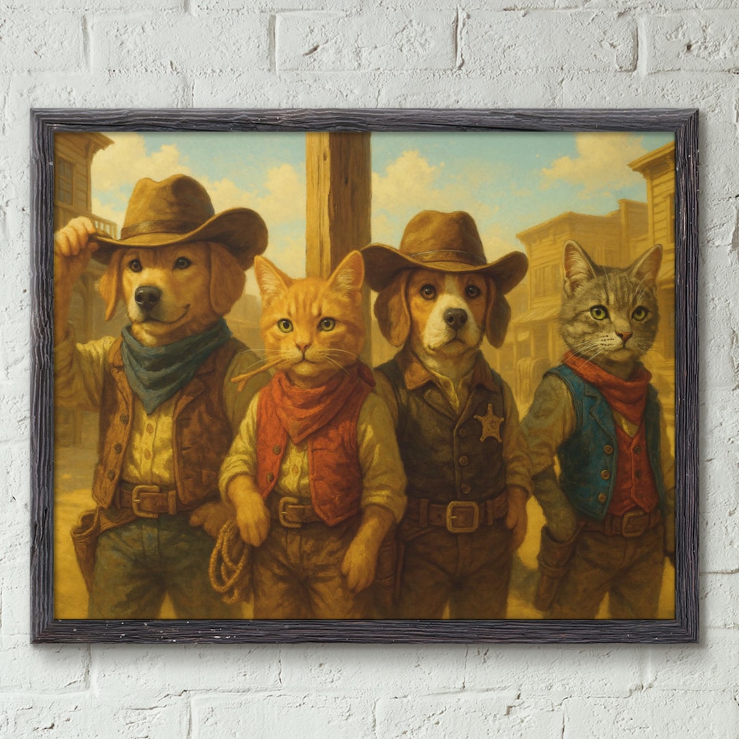 Custom 4 Pets Portrait, Western Cowboy Pet Portrait, Fun & Unique Gift ...