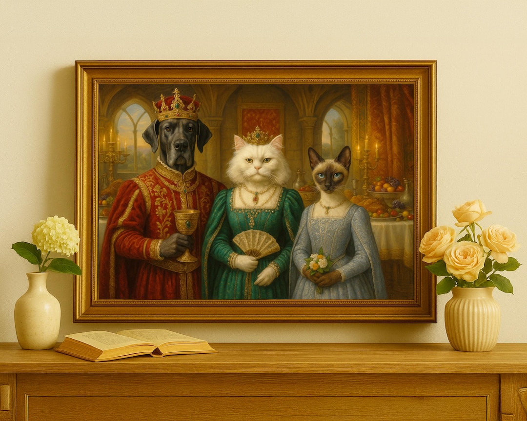 Royal Pet Portrait – King Dog & Noble Cats in Renaissance Banquet Scene ...