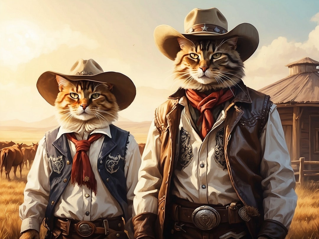 Custom 2 Pets Portrait, Cowboy Pet Portrait, Cat Cowboy Portrait ...