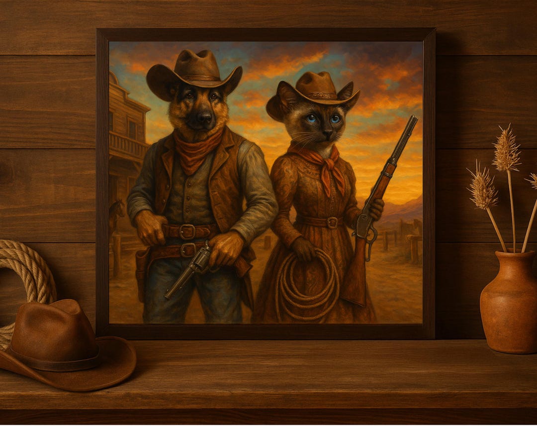 Custom Cowboy Pet Portrait – Dog and Cat in Wild West Attire ...