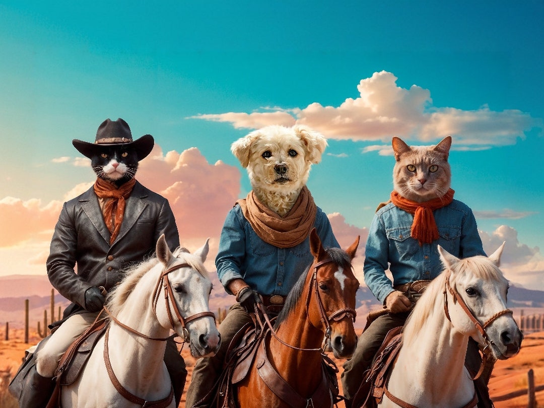 Custom 3 Pets Portrait, Personalized Cowboy Pet Portrait, Western Decor ...