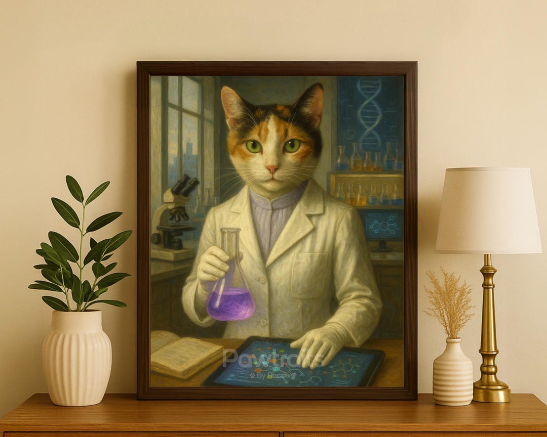 Custom Cat Scientist Portrait – Calico Cat in Laboratory With Doctor ...