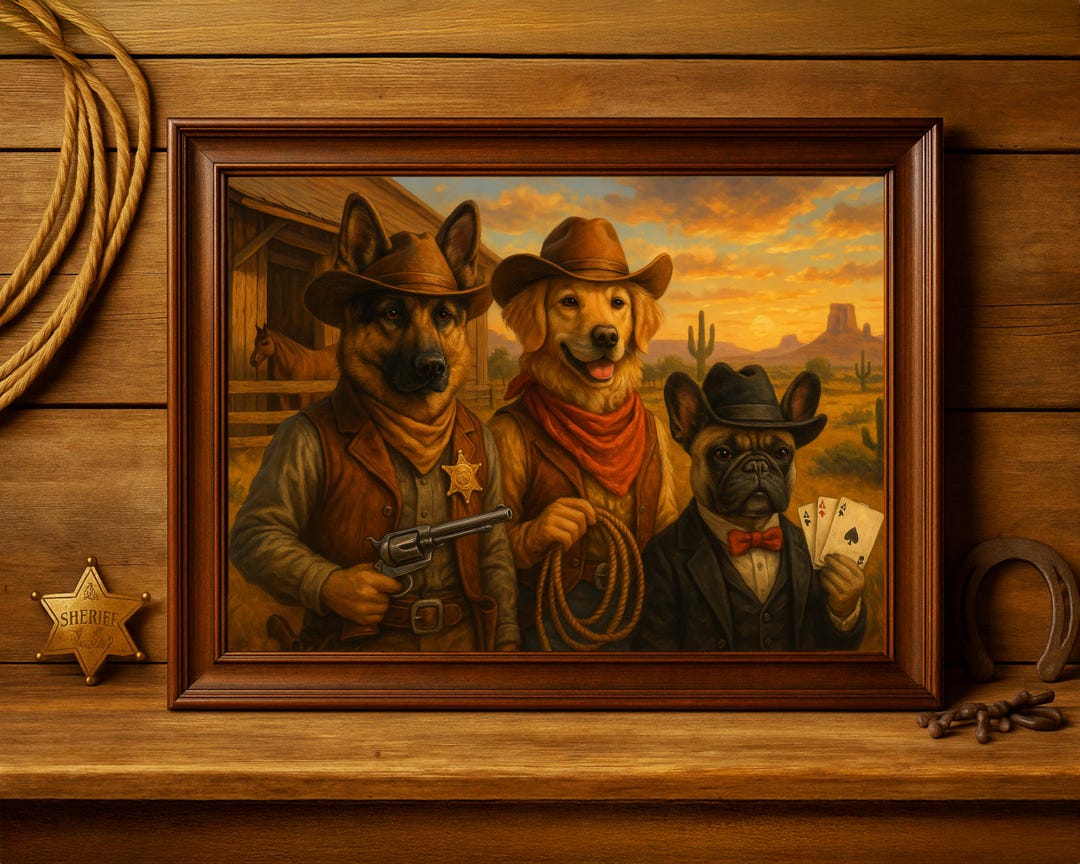 Custom Wild West Pet Portrait–cowboy 3 Pets Portrait, Cowboy Dog and ...