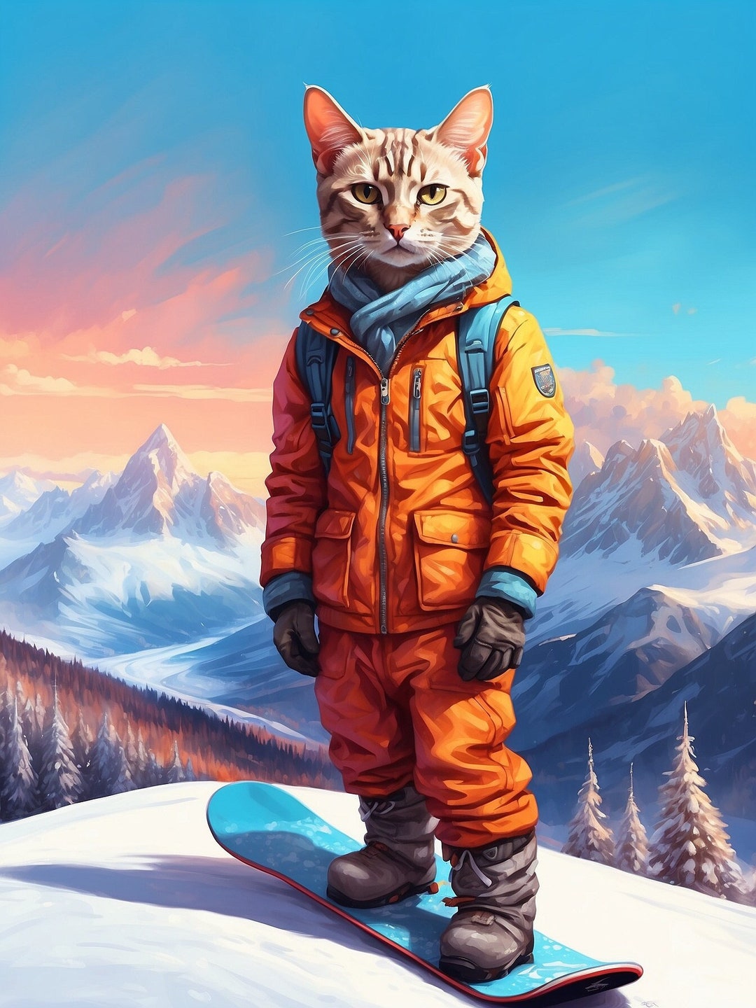Custom Pet Portrait, Cat on a Snowboard, Snowboard Pet, Pet Loss Gift ...
