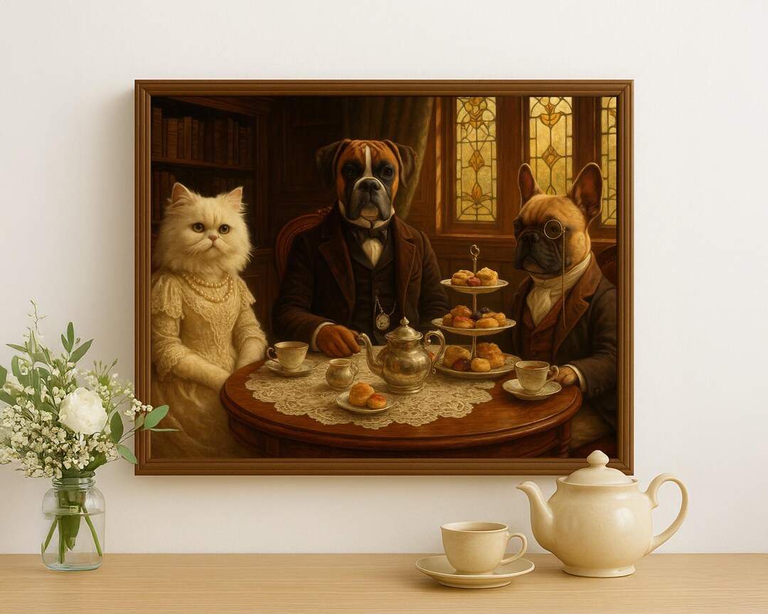 Custom Victorian Pet Portrait – Elegant Tea Party With Dog and Cat ...