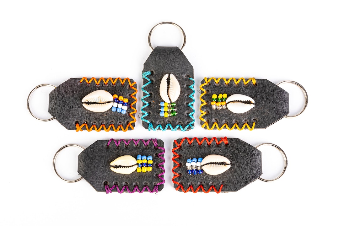 Beaded Leather & Cowrie Shell Keychains Handmade, African Art ...