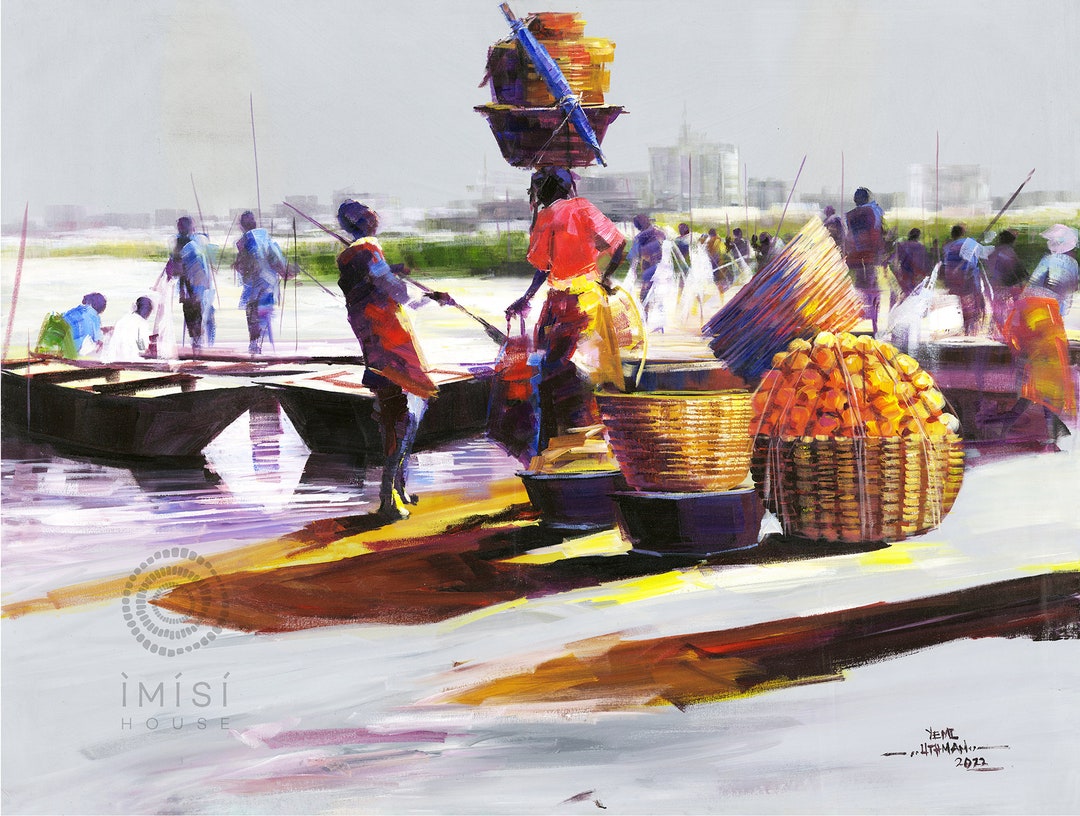 Fish Market at Shore - African Art, Canvas Print, Art Decor, Tribal Art ...