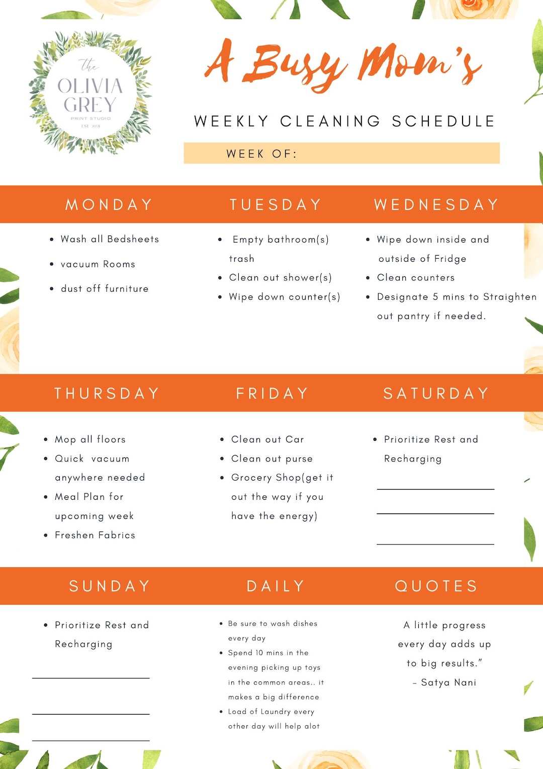 Busy Mom’s Cleaning Schedule Template - Etsy