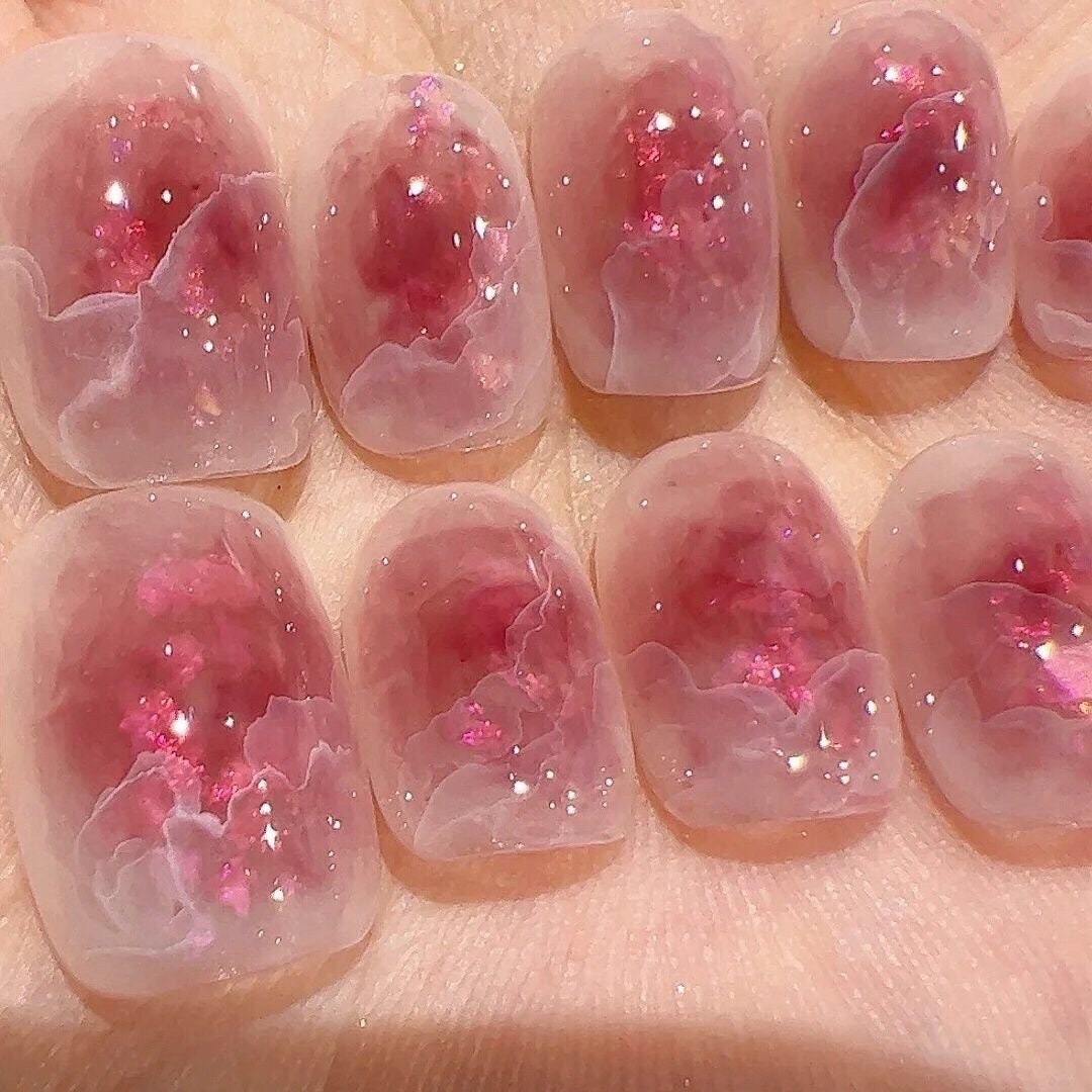 Rose Blush Aurora Cloud Marble Nails With Iridescent Glitter| Pink Nails | Press on Nails Gel ...