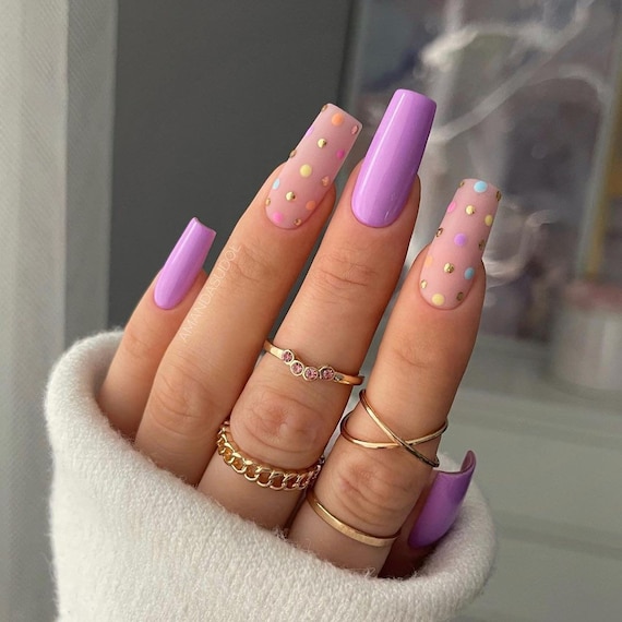 Pastel Nails Purple Nails Pastel Color Rainbow Nails Romantic Nail Art Polka Dot Nails cute. Spring Nails Press on Nails Etsy