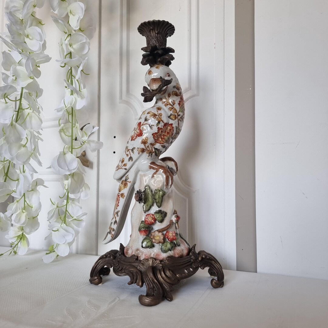 Parrot or Parakeet Candlestick Enameled Porcelain and Bronze Late 19th ...