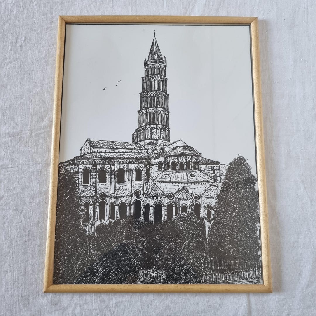 Painting With Original Drawing Hand Painted With Ink Church France - Etsy