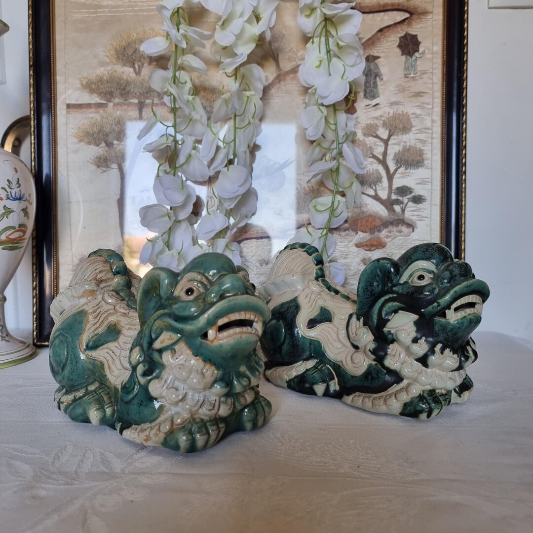 Pair of Fu Lions or Fo Dogs Made of Turquoise Green Glazed Chinese ...