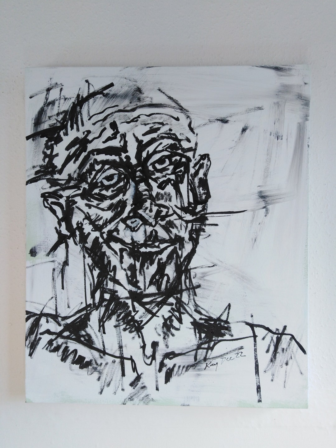 Small Expressive Monochrome Ink Drawing on Canvas, Contemporary Ink Art ...